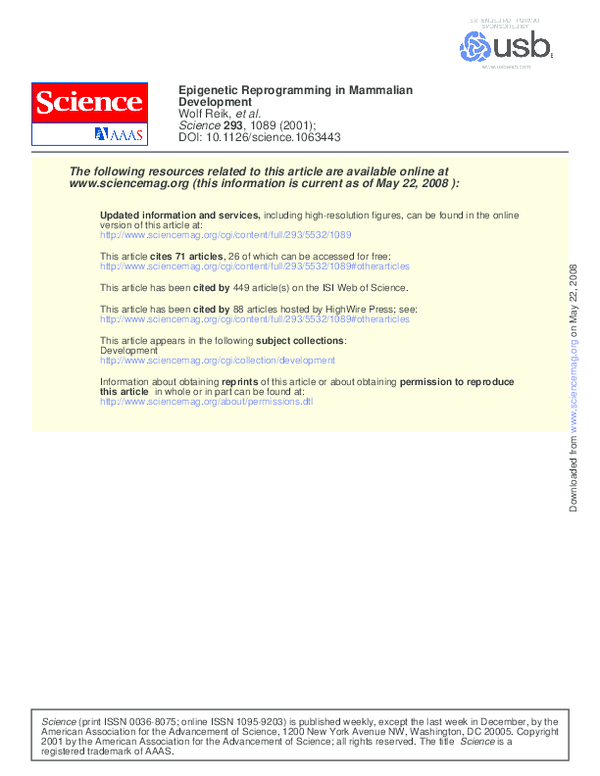(PDF) Epigenetic Reprogramming in Mammalian Development