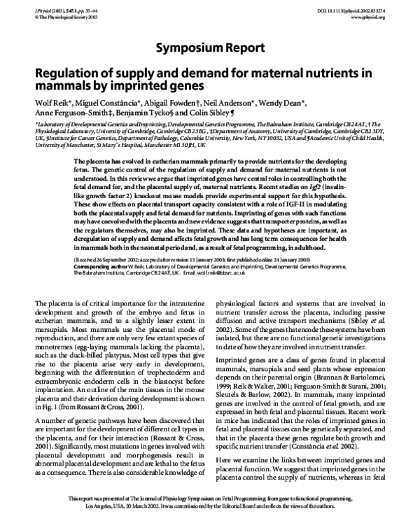(PDF) Regulation of supply and demand for maternal nutrients in mammals ...