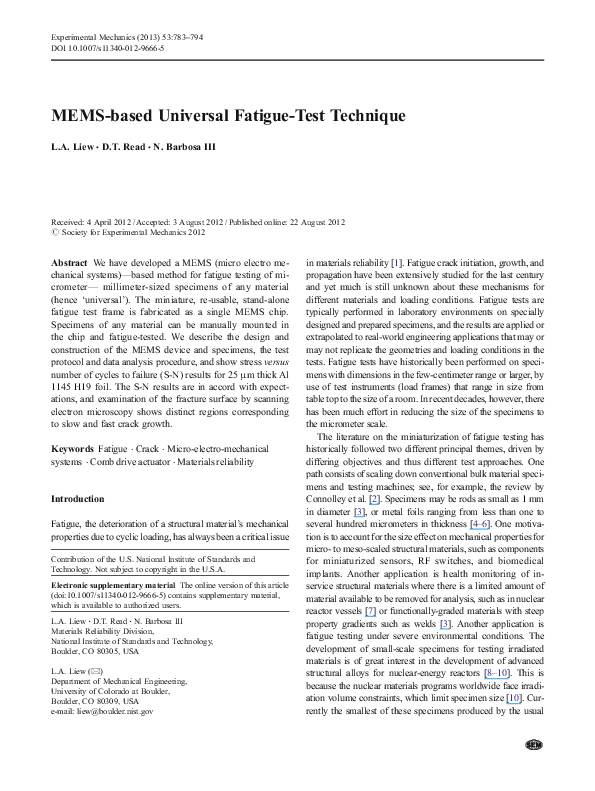 (PDF) MEMS-based Universal Fatigue-Test Technique | Li-anne Liew ...