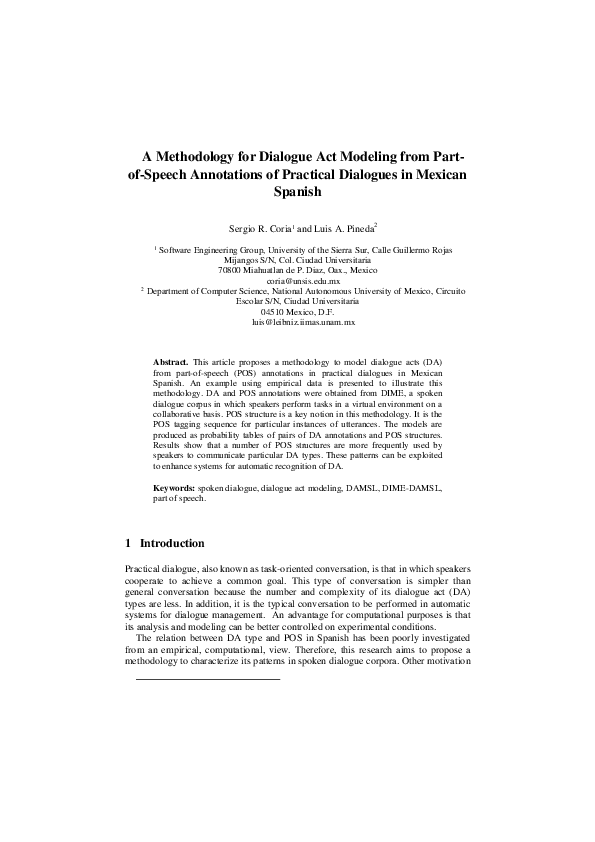(PDF) A Methodology for Dialogue Act Modeling from Part-of-Speech Annotations of Practical ...