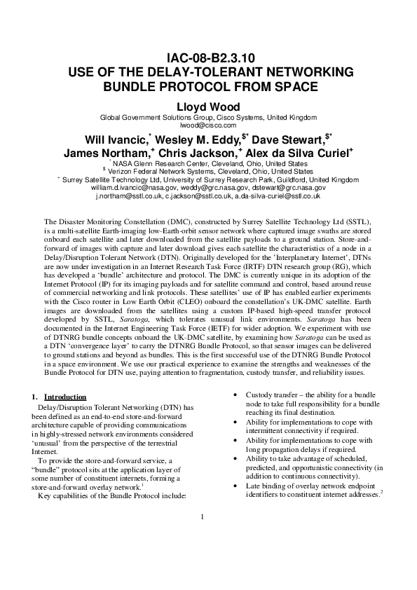 Pdf Iac 08 B2 310 Use Of The Delay Tolerant Networking Bundle Protocol From Space Wesley 