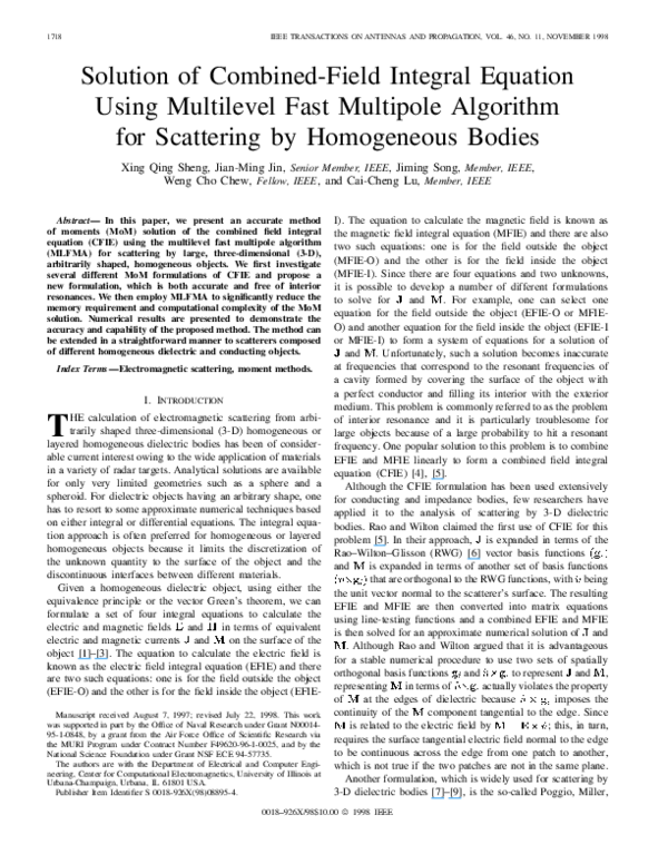 Pdf Solution Of Combined Field Integral Equation Using Multilevel Fast Multipole Algorithm For