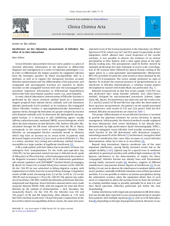 Pdf Interference On The Laboratory Measurement Of Bilirubin The Effect Of In Vitro Interactions