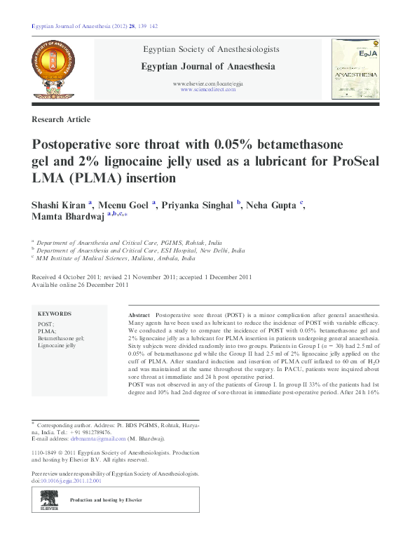(PDF) Postoperative sore throat with 0.05% betamethasone gel and 2% ...