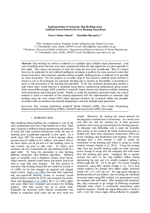 Pdf Implementation Of Automatic Ship Berthing Using Artificial Neural Network For Free Running