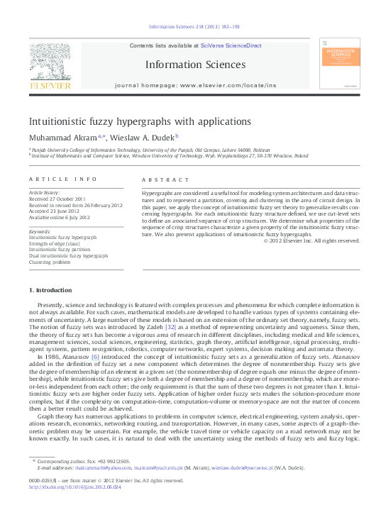 (PDF) Intuitionistic fuzzy hypergraphs with applications