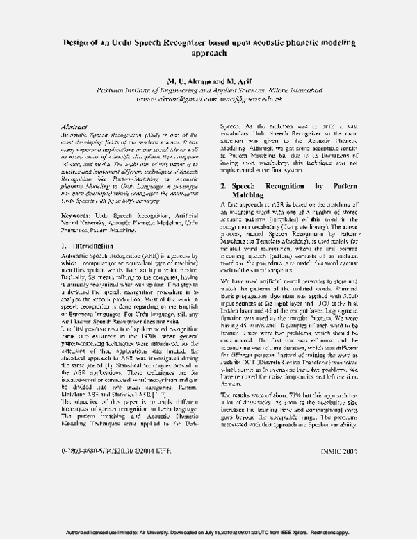 (PDF) Design of an Urdu speech recognizer based upon acoustic phonetic modeling approach