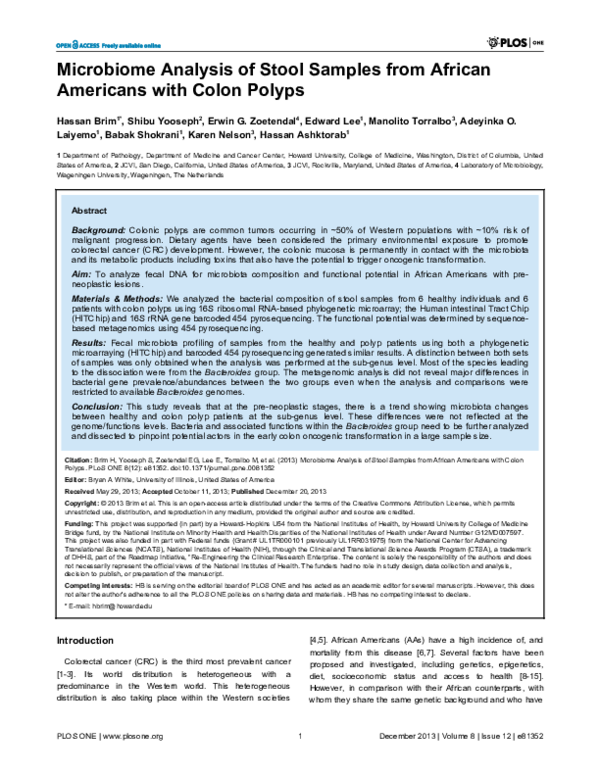 (PDF) Microbiome analysis of stool samples from African Americans with ...