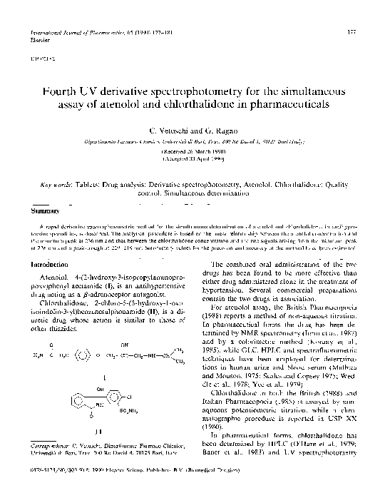 Pdf Fourth Uv Derivative Spectrophotometry For The Simultaneous Assay Of Atenolol And