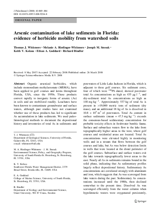 (PDF) Arsenic contamination of lake sediments in Florida: evidence of ...