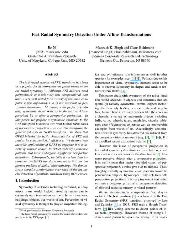Pdf Fast Radial Symmetry Detection Under Affine Transformations
