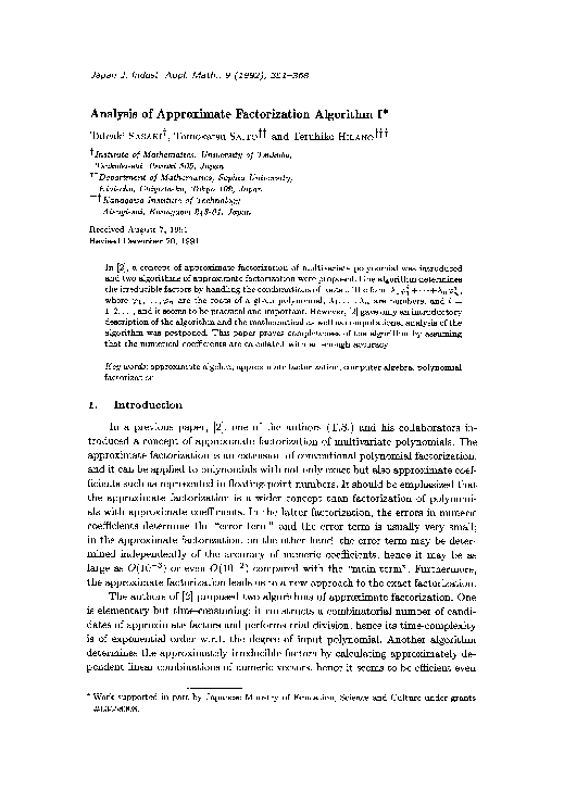 (PDF) Analysis of approximate factorization algorithm I