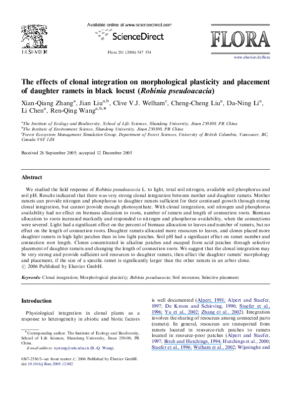 (PDF) The effects of clonal integration on morphological plasticity and placement of daughter ...