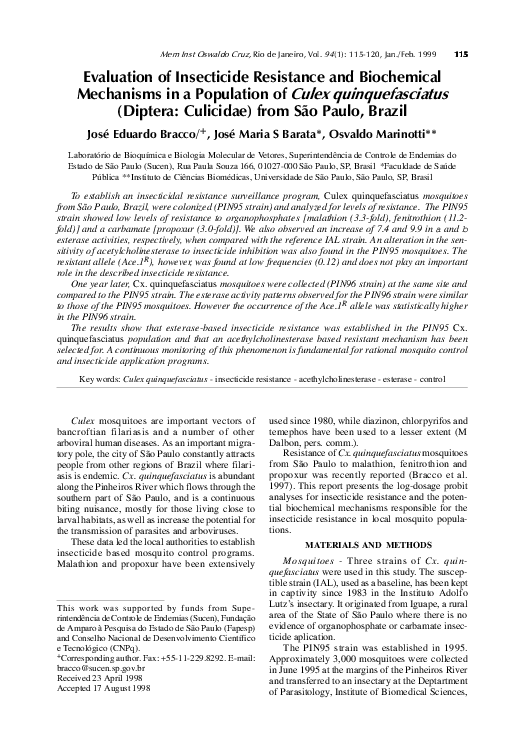 (PDF) Evaluation of Insecticide Resistance and Biochemical Mechanisms in a Population of Culex ...