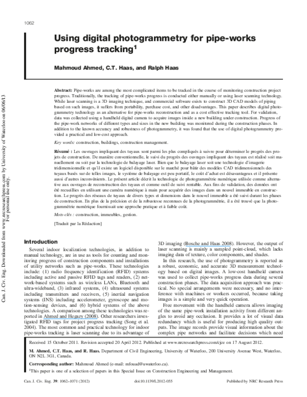 (PDF) Using digital photogrammetry for pipe-works progress tracking