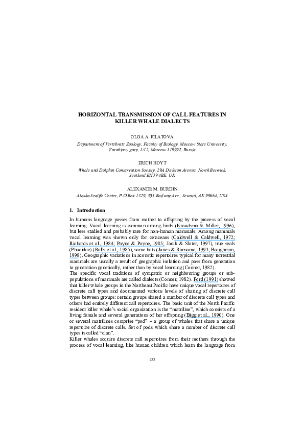 (PDF) Horizontal transmission of vocal traditions in killer whale ...