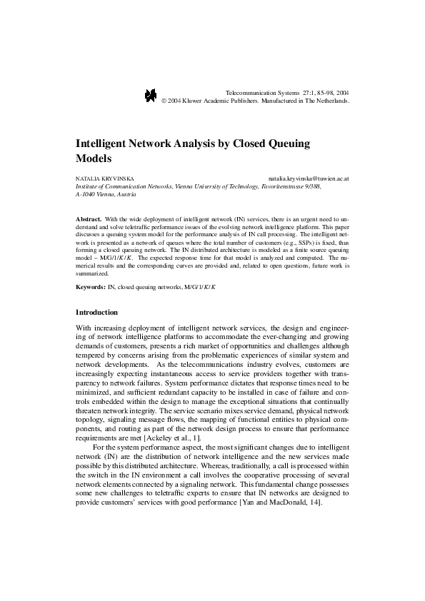 (PDF) Intelligent Network Analysis by Closed Queuing Models
