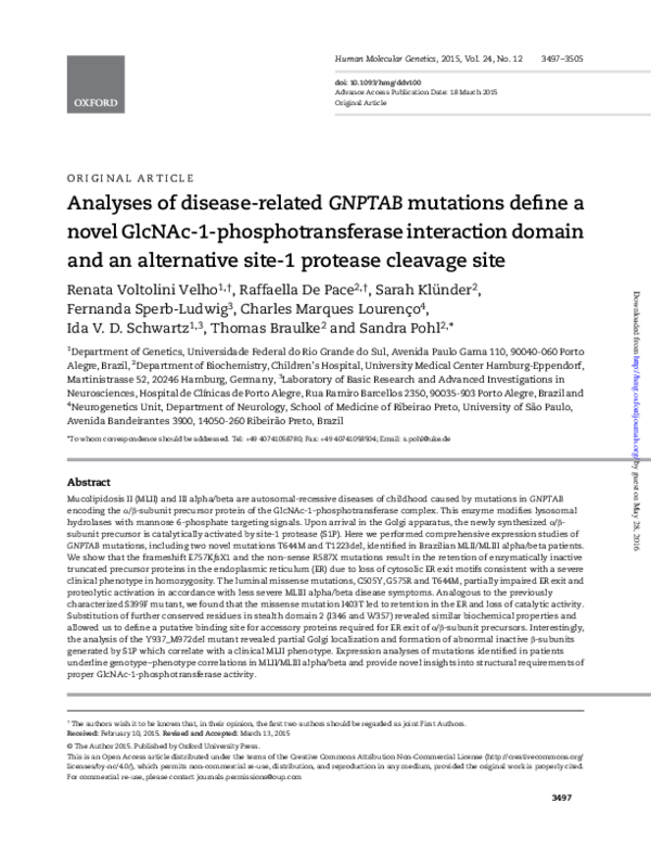 (PDF) Analyses of disease-related GNPTAB mutations define a novel ...