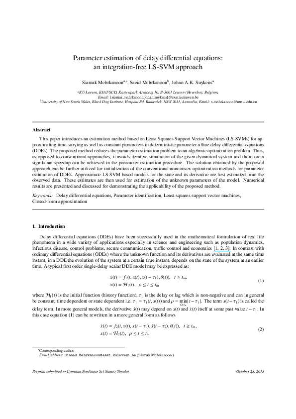 Pdf Parameter Estimation Of Delay Differential Equations An Integration Free Ls Svm Approach