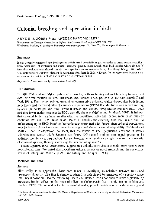 (PDF) Colonial breeding and speciation in birds