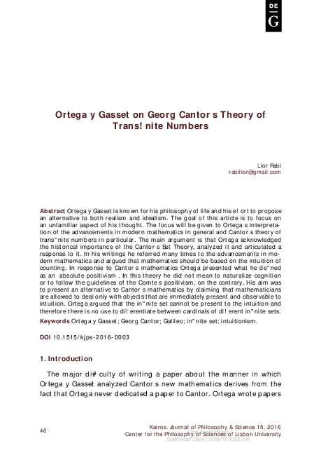 (PDF) Ortega y Gasset on Georg Cantor's Theory of Transfinite Numbers
