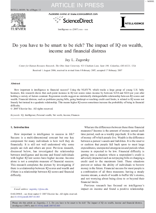 (PDF) Do you have to be smart to be rich? The impact of IQ on wealth ...
