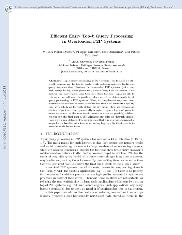 (PDF) Efficient Early Top-k Query Processing in Overloaded P2P Systems