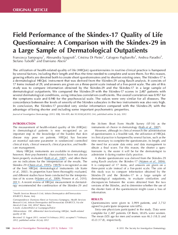 (PDF) Field Performance of the Skindex-17 Quality of Life Questionnaire: A Comparison with the ...