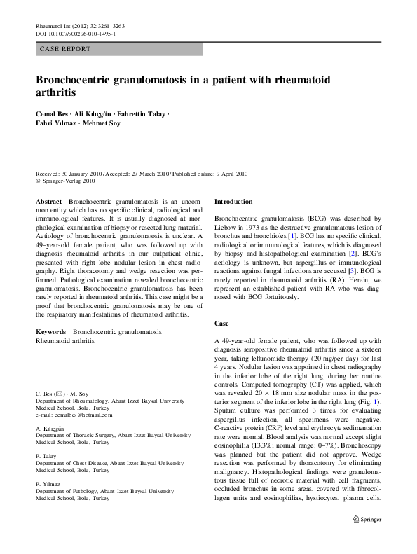 (PDF) Bronchocentric granulomatosis in a patient with rheumatoid arthritis