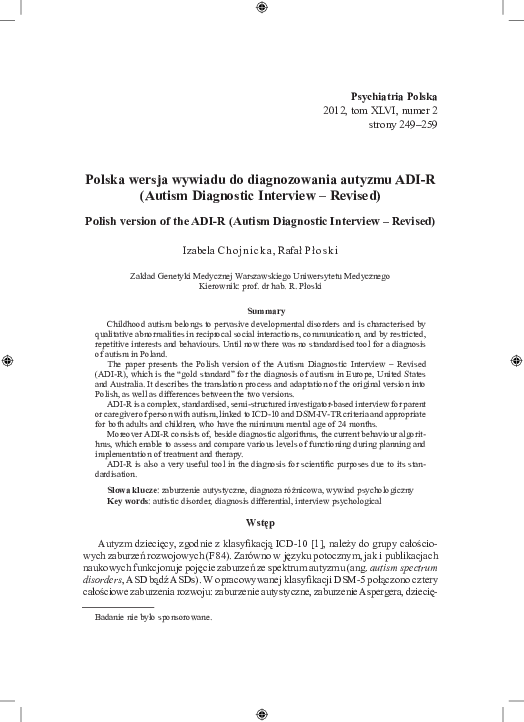 (PDF) [Polish version of the ADI-R (Autism Diagnostic Interview-Revised)]