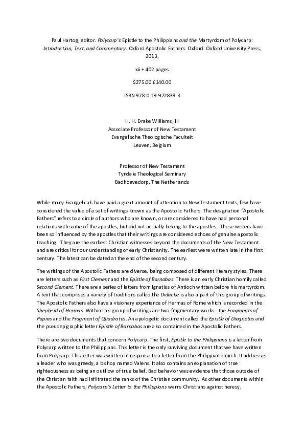 (PDF) Polycarp's Epistle to the Philippians and the Martyrdom of Polycarp