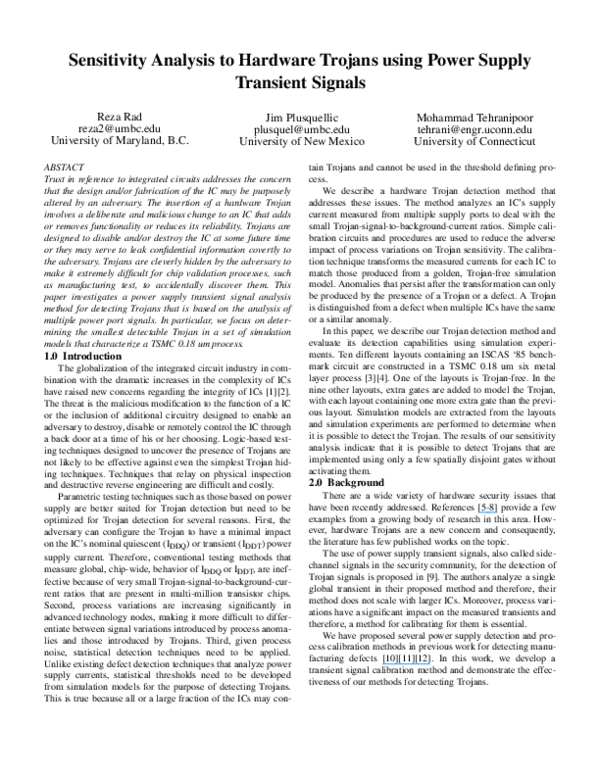 (PDF) Sensitivity analysis to hardware Trojans using power supply transient signals