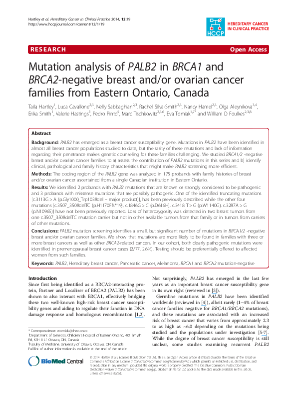 (PDF) Mutation analysis of PALB2 in BRCA1 and BRCA2-negative breast and/or ovarian cancer ...