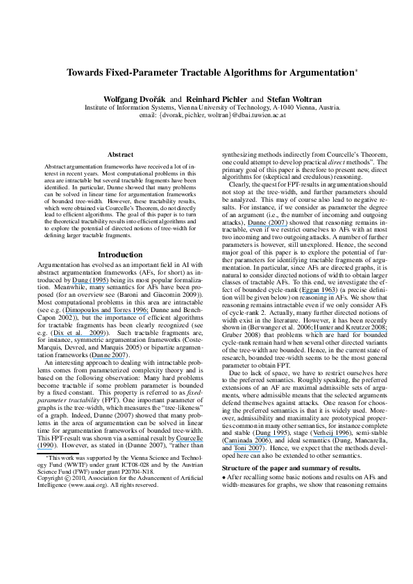 (PDF) Towards fixed-parameter tractable algorithms for abstract argumentation