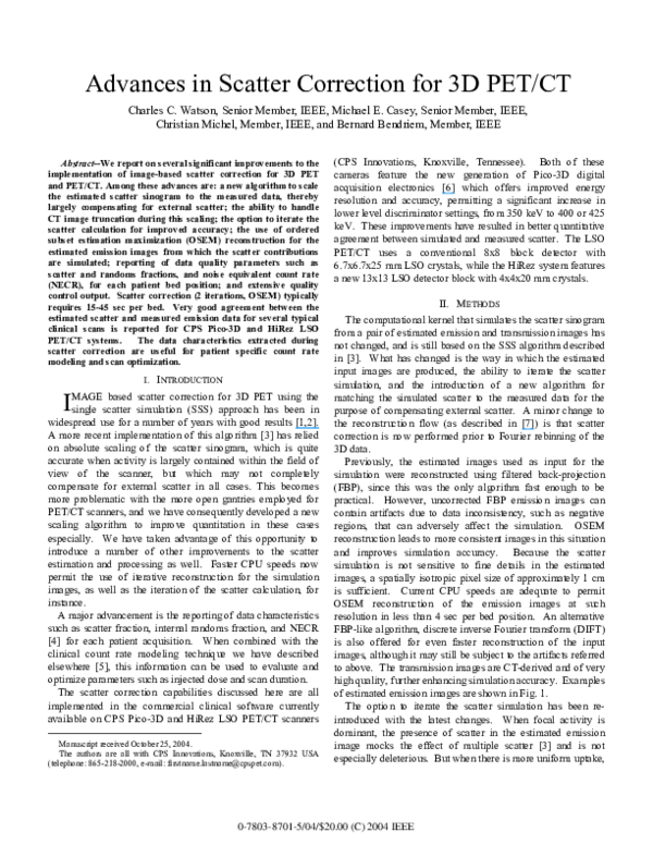 (PDF) Advances in scatter correction for 3D PET/CT