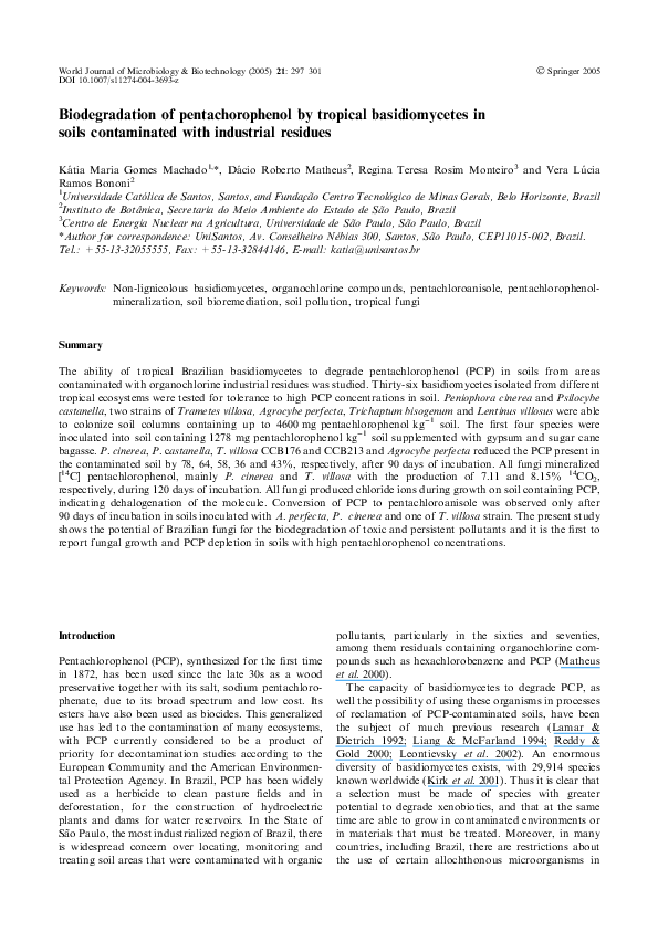 (PDF) Biodegradation of pentachorophenol by tropical basidiomycetes in ...