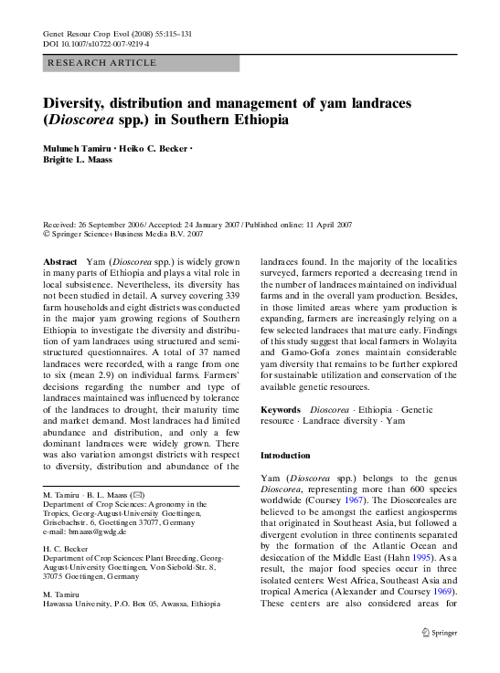 (PDF) Diversity, distribution and management of yam landraces (Dioscorea spp.) in Southern Ethiopia