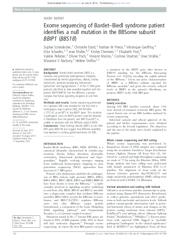 (PDF) Exome sequencing of Bardet-Biedl syndrome patient identifies a null mutation in the BBSome ...