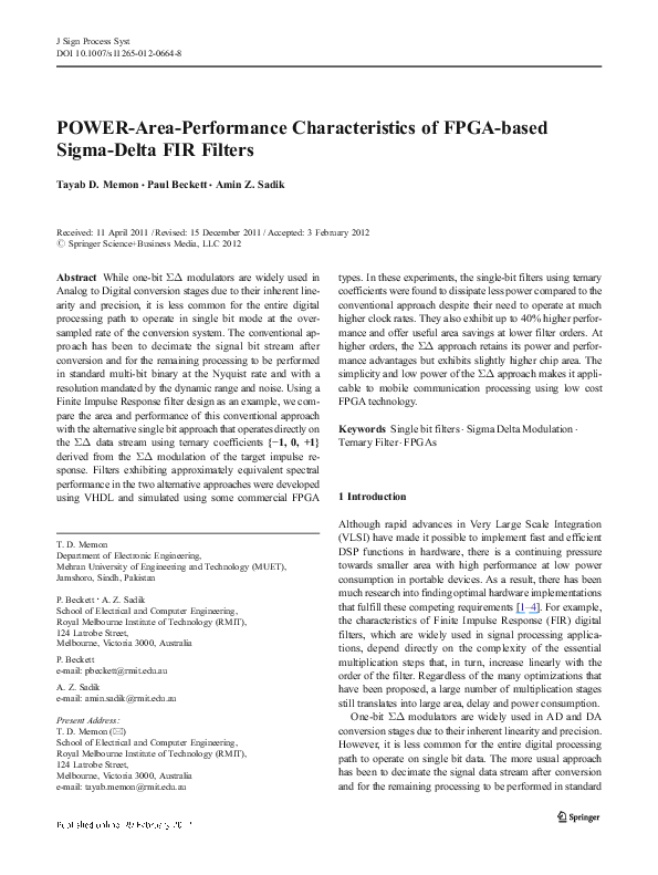 (PDF) POWER-Area-Performance Characteristics of FPGA-based Sigma-Delta FIR Filters