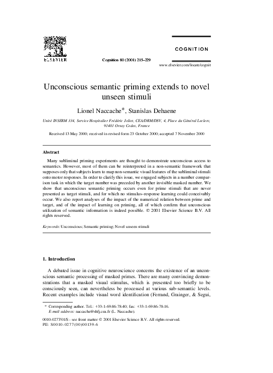 (PDF) Unconscious semantic priming extends to novel unseen stimuli