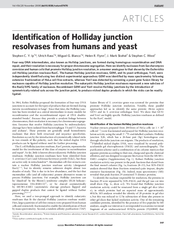 (PDF) Identification of Holliday junction resolvases from humans and yeast
