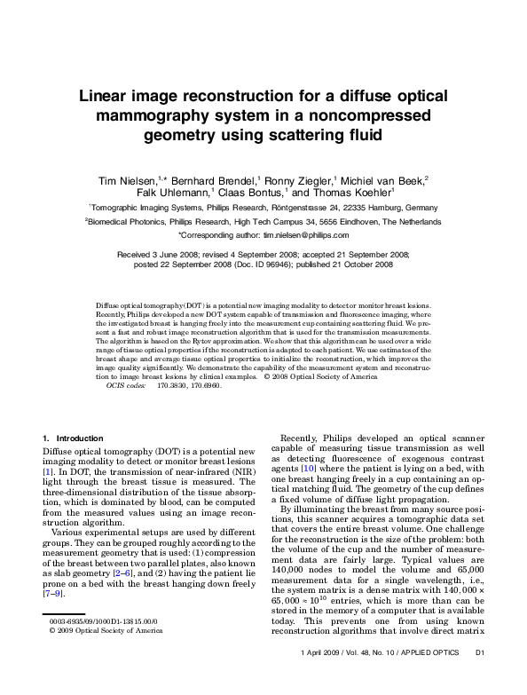 (PDF) Linear image reconstruction for a diffuse optical mammography system in a noncompressed ...