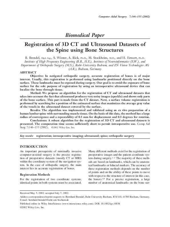 (PDF) Registration of 3D CT and ultrasound datasets of the spine using ...