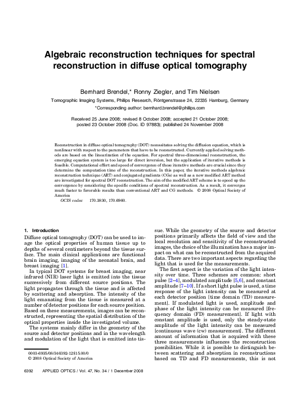 (PDF) Algebraic reconstruction techniques for spectral reconstruction in diffuse optical tomography