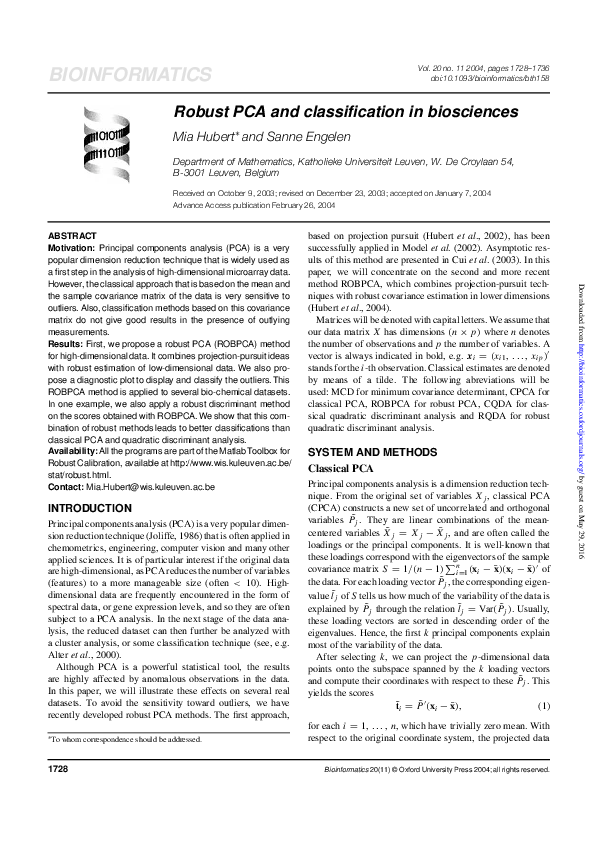 (PDF) Robust PCA and classification in biosciences