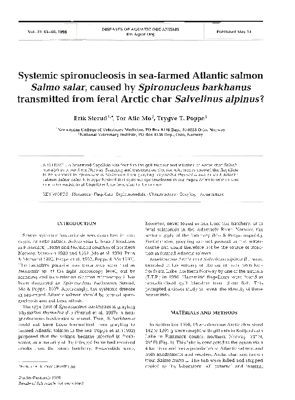 (PDF) Systemic spironucleosis in sea-farmed Atlantic salmon Salmo salar ...