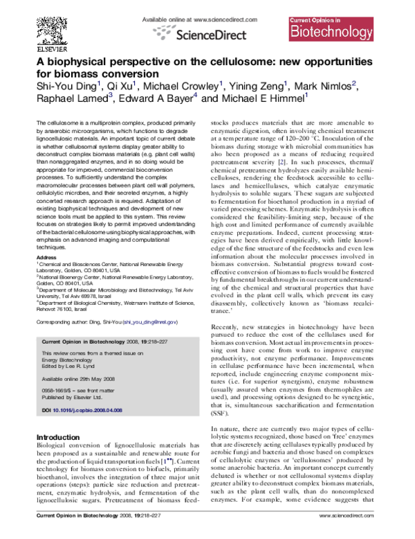 (PDF) A biophysical perspective on the cellulosome: new opportunities ...