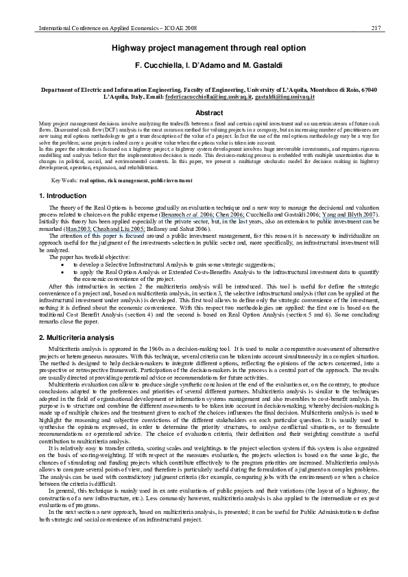 (PDF) Highway project management through real option