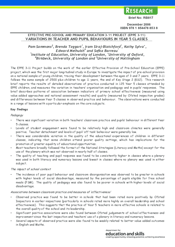 (PDF) Effective Pre-School and Primary Education 3-11 Project (EPPE 3 ...