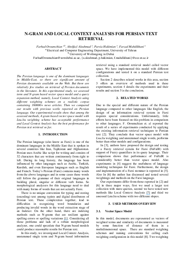 (PDF) N-gram and Local Context Analysis for Persian text retrieval